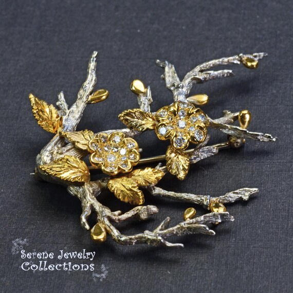 SATSKY Diamond 18k Solid Gold Flowers Branch Brooch V… - Gem