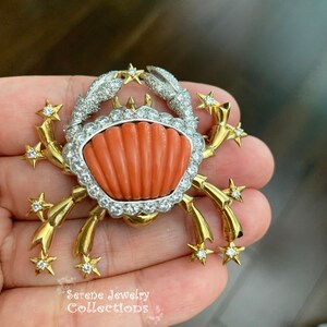 Large Carved Coral Diamond Crab 18k Yellow White Gold Brooch Pin ...