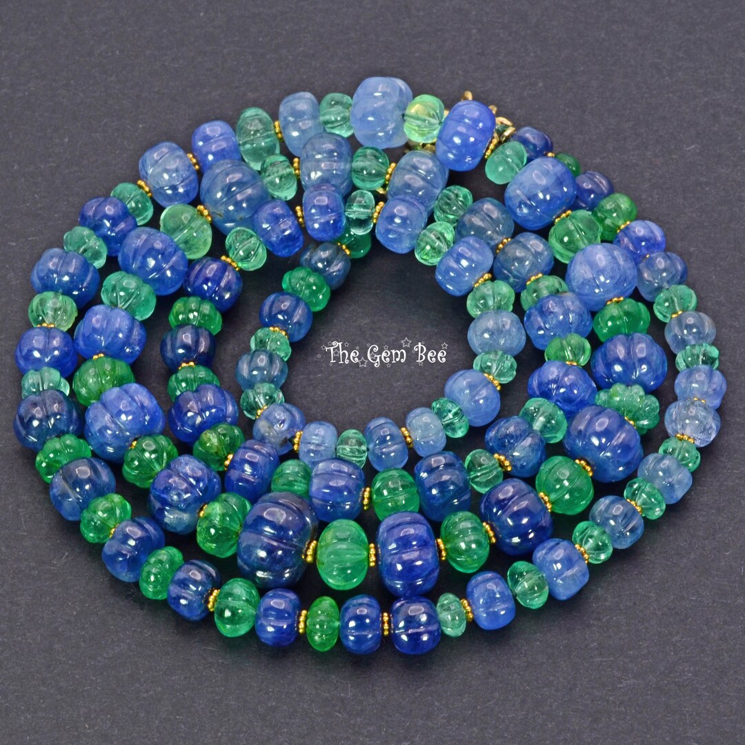 263CT Colombian Emerald Burmese Blue Sapphire Melon Fluted Bead ...