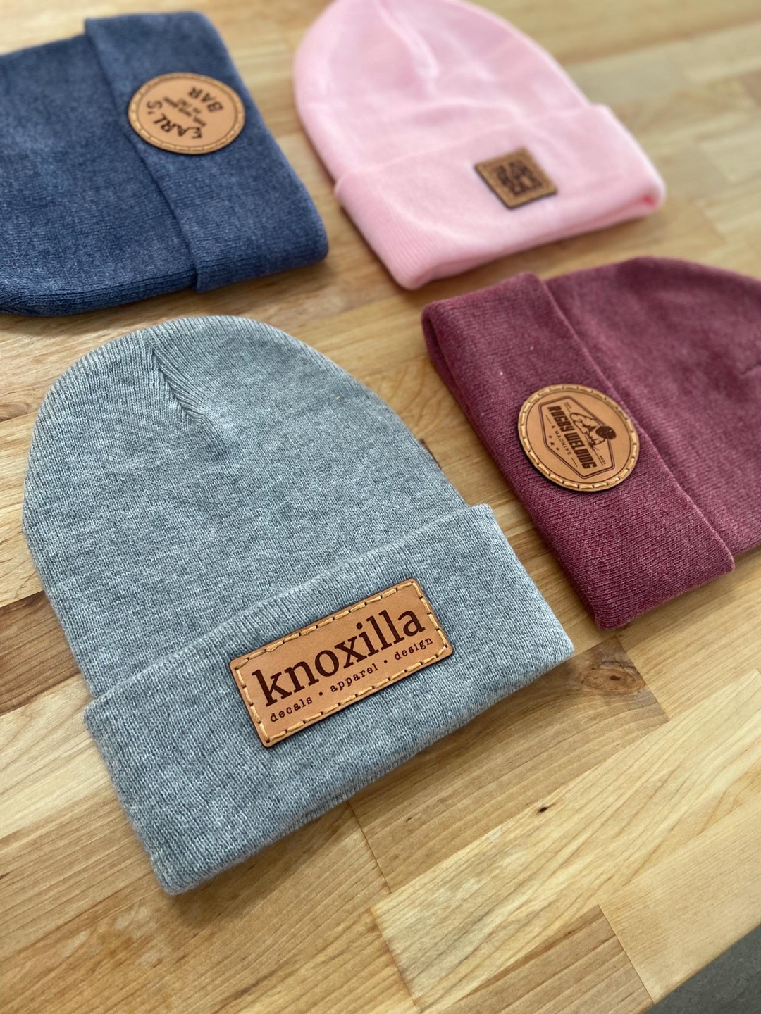 Custom Leather Patch Beanie Hat - YOUR Logo Design Laser Engraved on ...