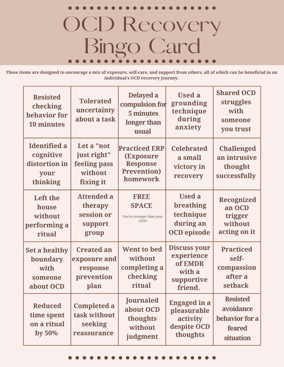 OCD Recovery Bingo Card: Therapy & Self-care Resources - Etsy