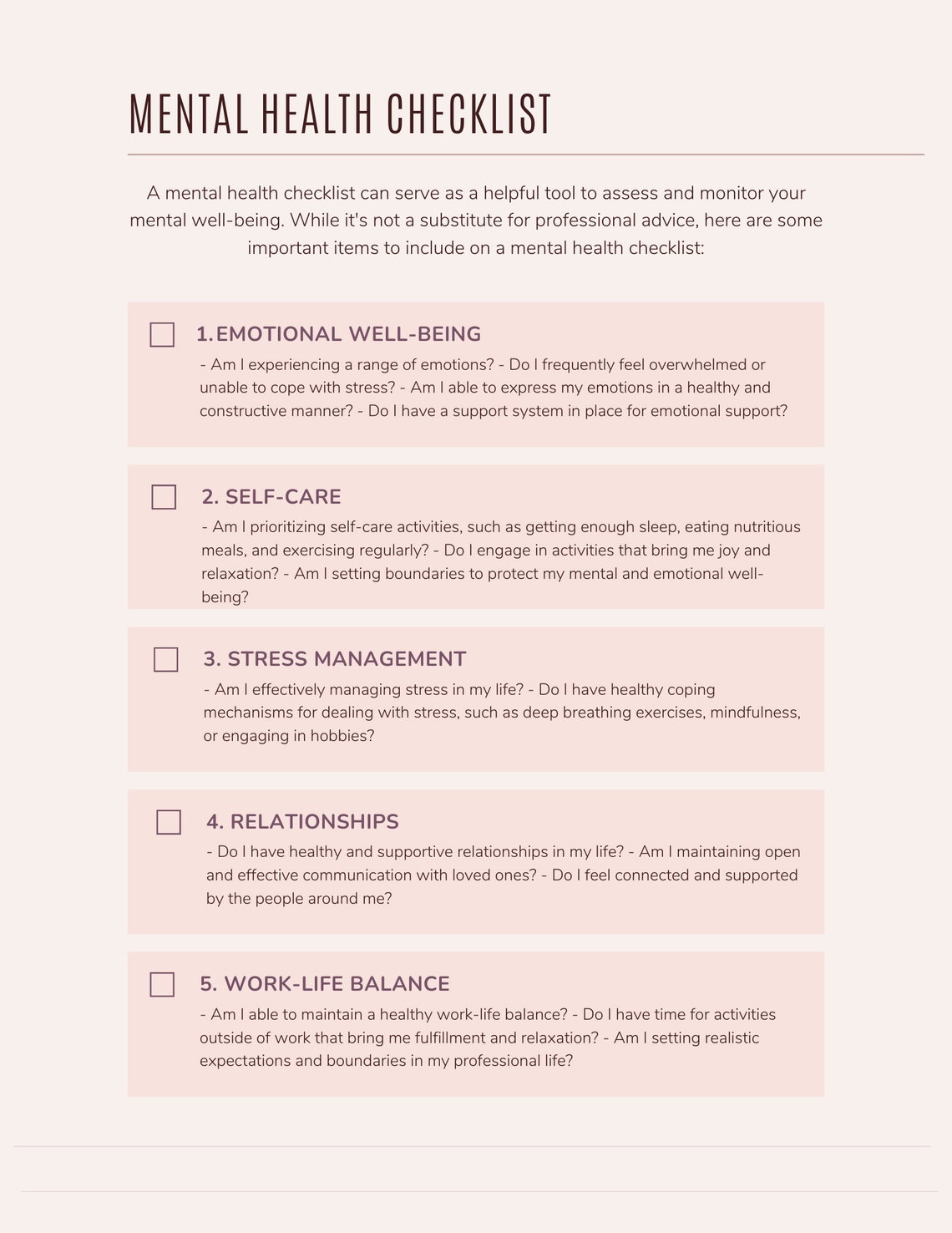 Mental Health Checklist Mental Health Check-in Well-being Therapy Worksheets Therapy Tools Self ...