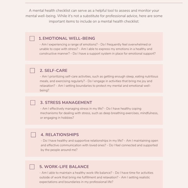 Mental Health Check in Worksheet - Etsy