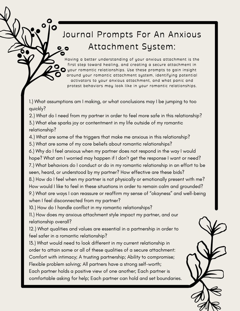 Anxious Attachment: Journal Prompts - Etsy