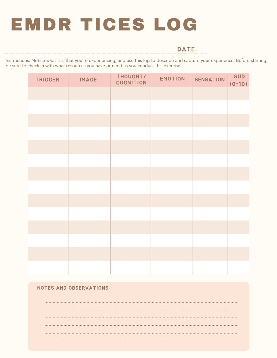 EMDR TICES Log; Eye Movement Desensitization and Reprocessing Therapy ...
