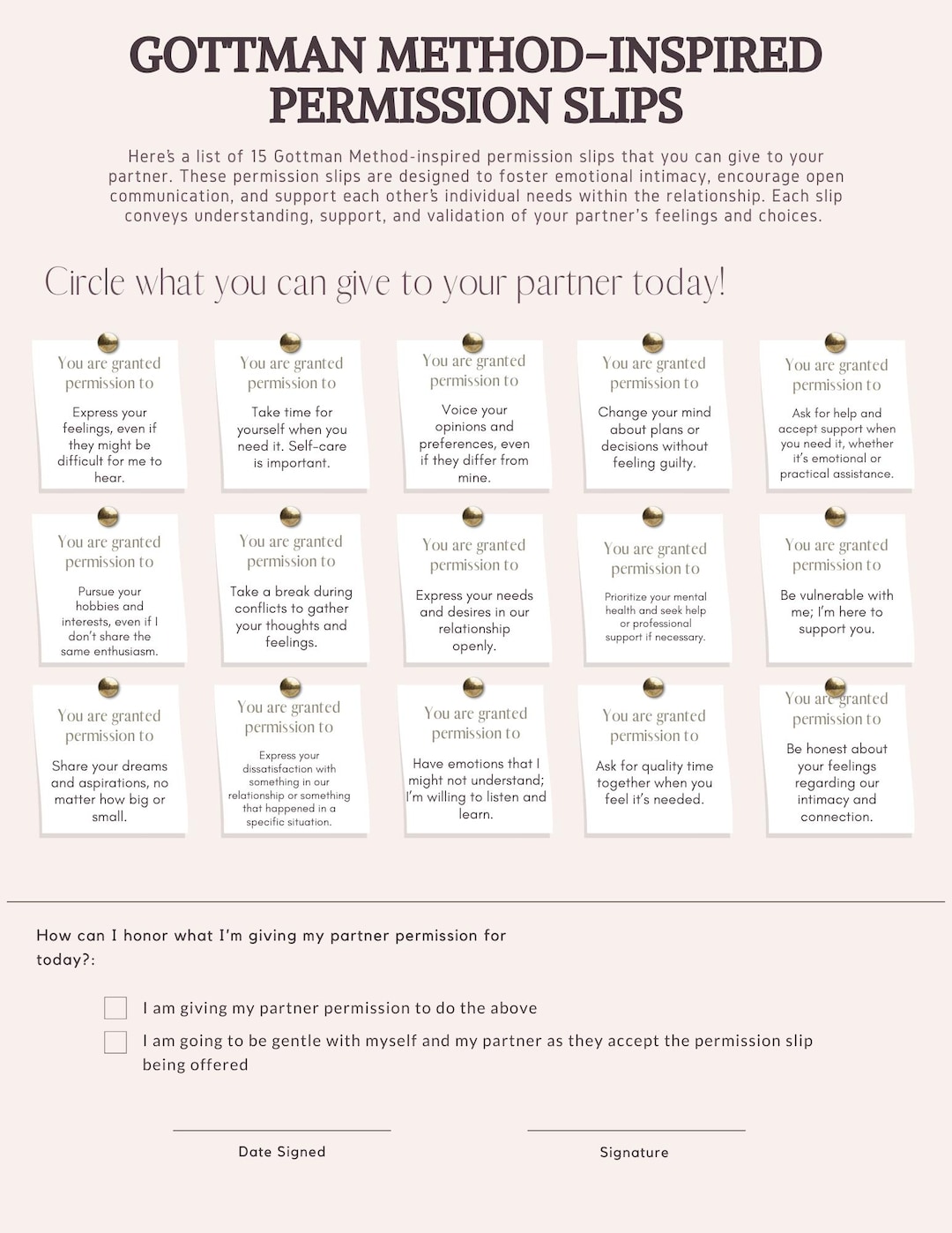 Gottman Method-inspired Permission Slips; Gottman Therapy; Gottman ...