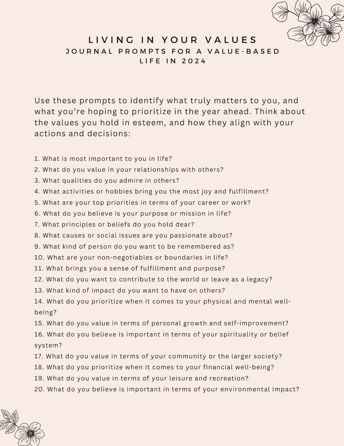 ACT Living in Your Values Journal Prompts - Etsy