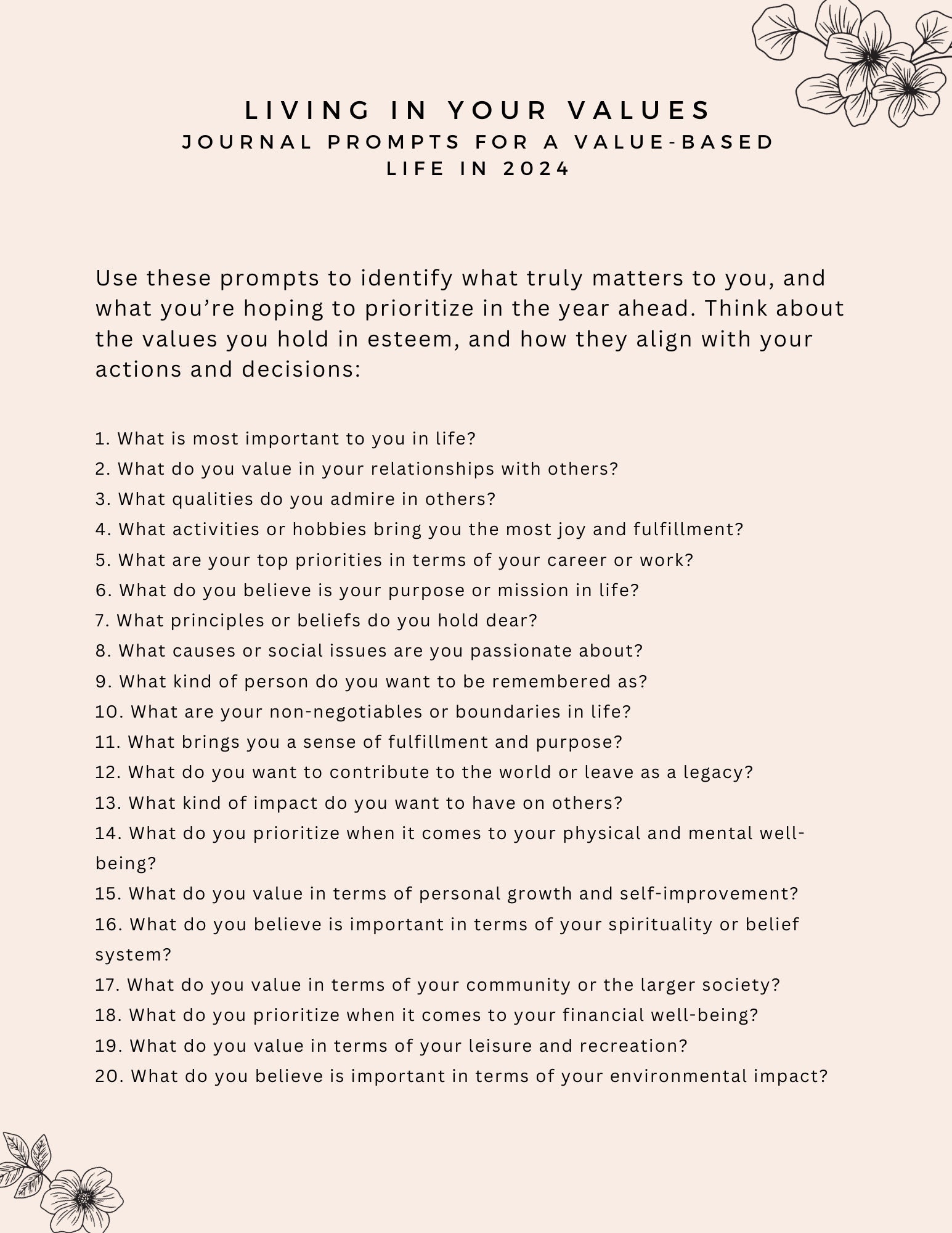 ACT Living in Your Values Journal Prompts - Etsy