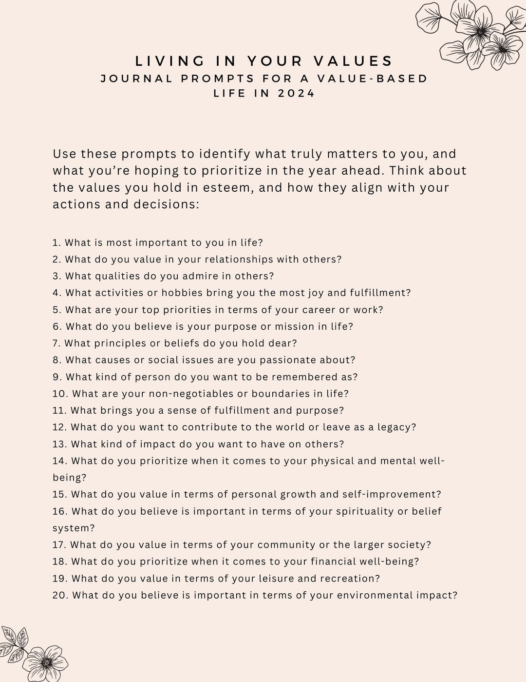 ACT Living in Your Values Journal Prompts - Etsy