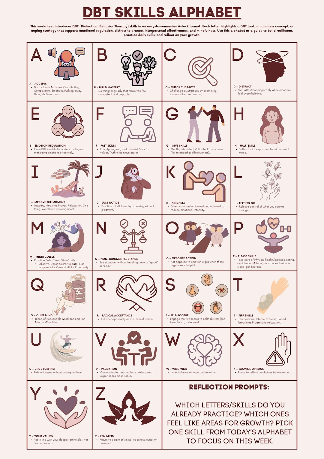 DBT Skills Alphabet Worksheet: Dialectical Behavior Therapy Resources ...