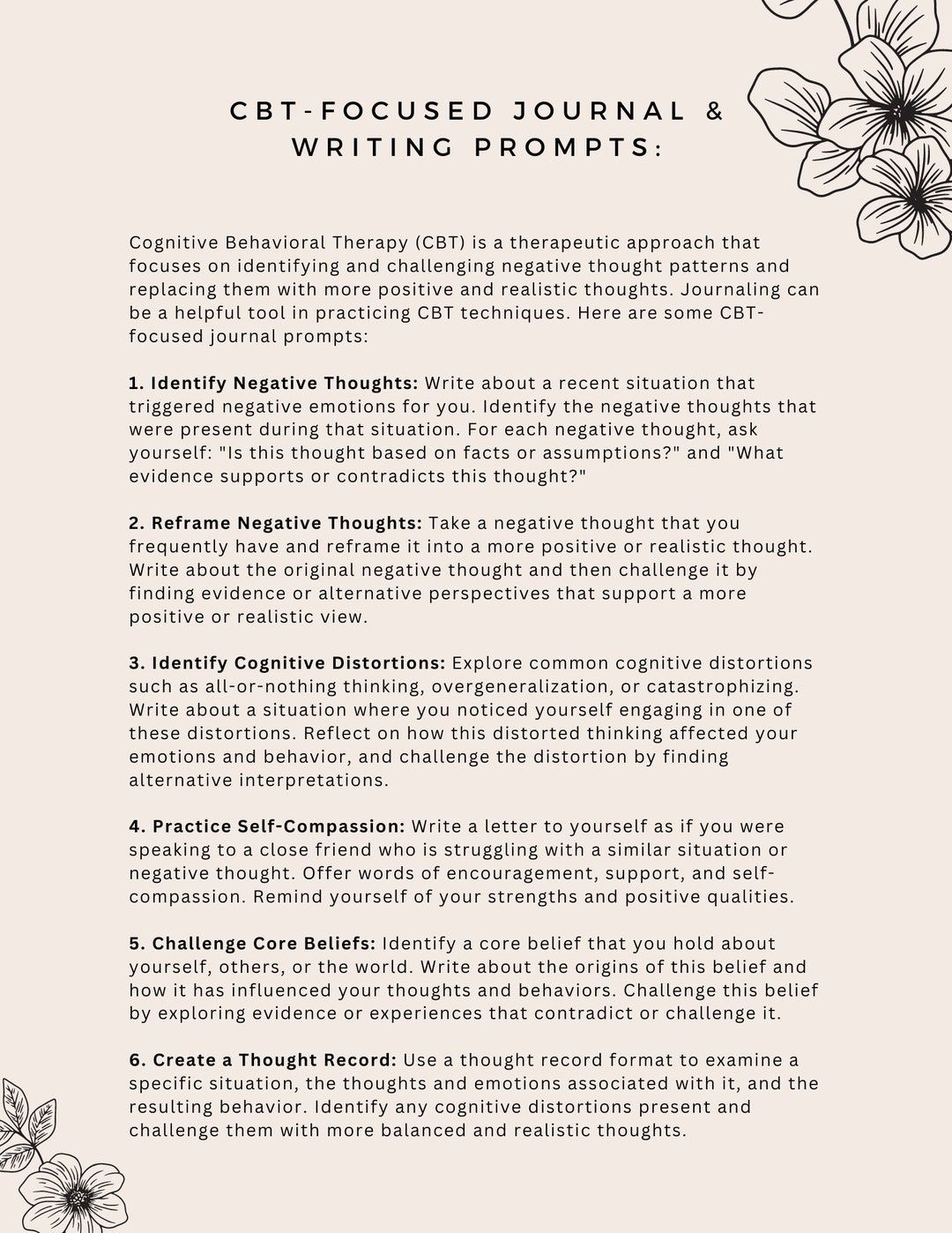 CBT Journal: Cognitive Behavioral Therapy Writing Prompts - Etsy