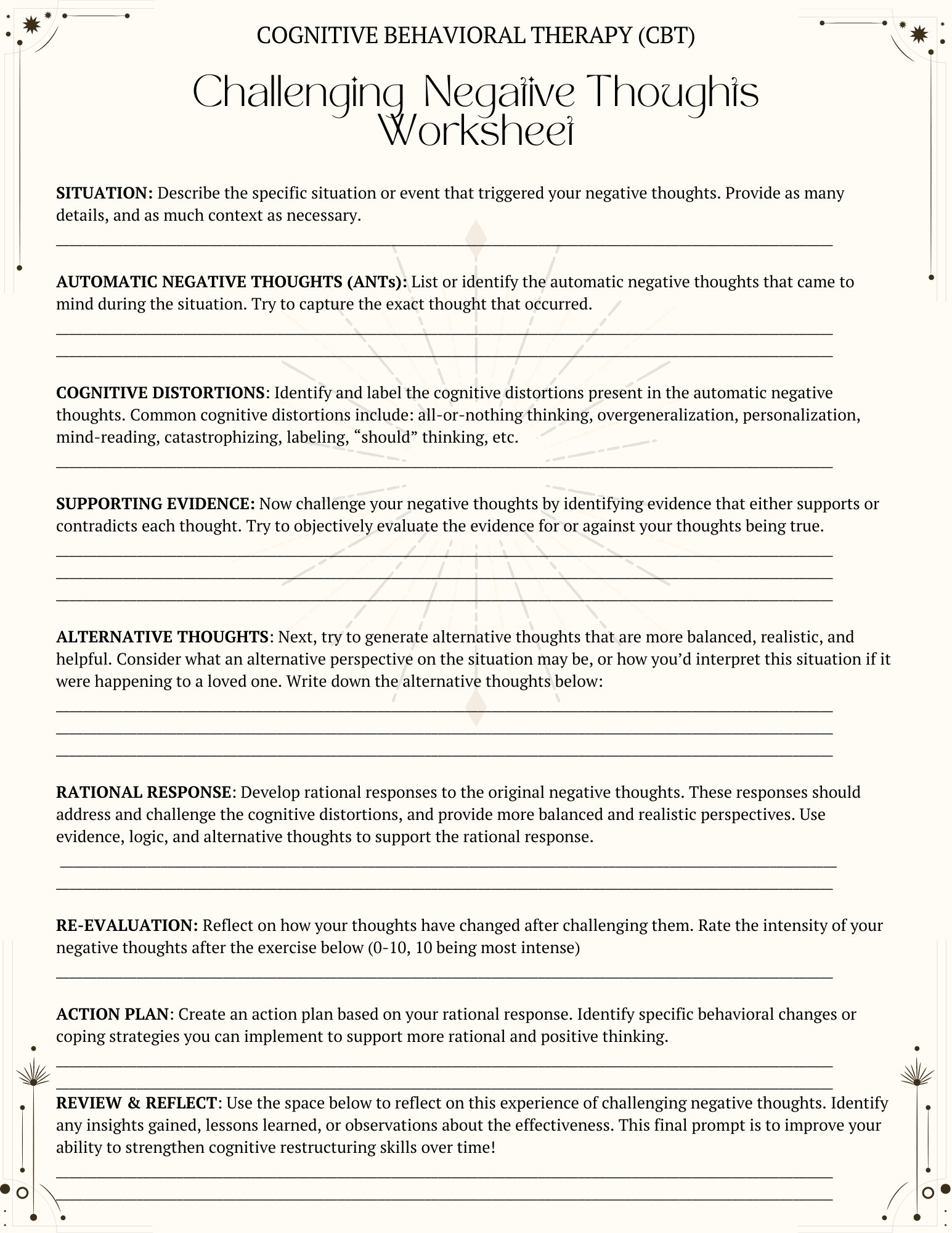 CBT Challenging Negative Thoughts Worksheet Thought Challenging ...