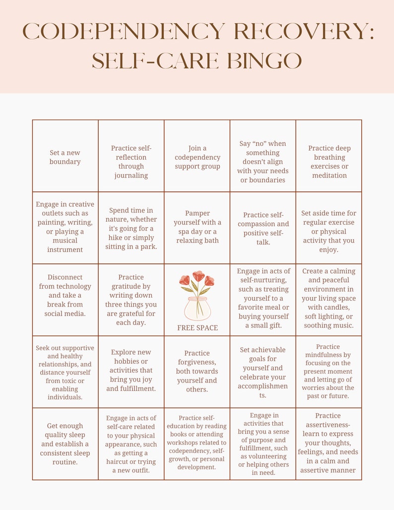 Codependency Recovery Self-care Bingo Codependency Healing Codependency Recovery Self Care Ideas ...