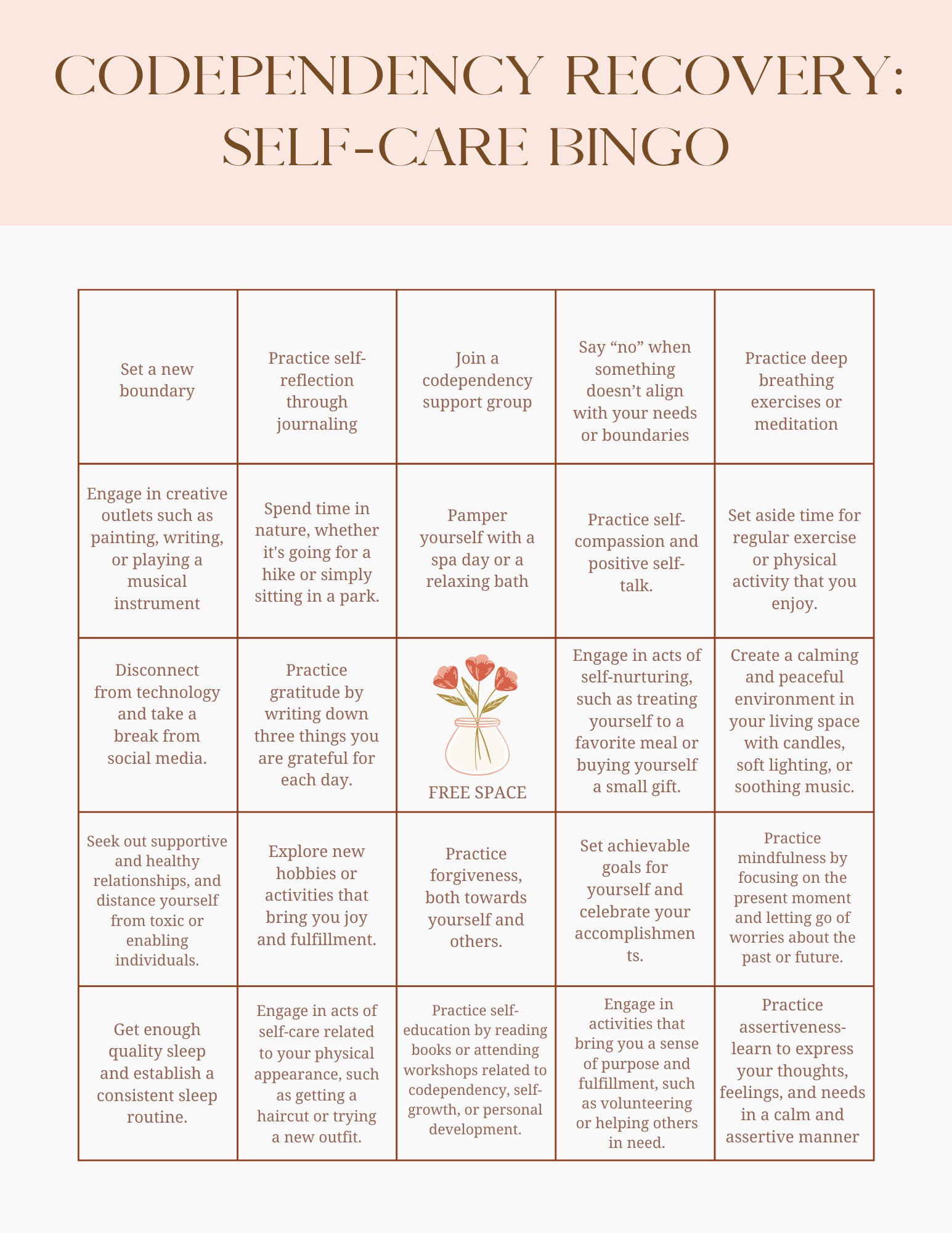 Codependency Recovery Self-care Bingo Codependency Healing Codependency Recovery Self Care Ideas ...