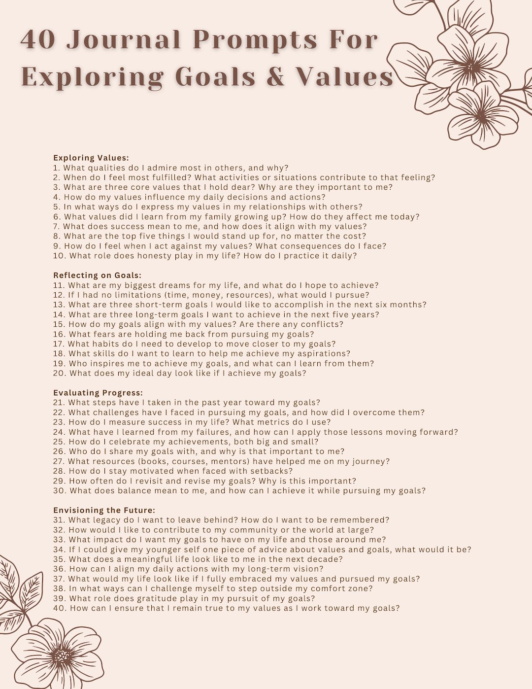 Goal & Values Journal Prompts: Self-reflection Worksheets - Etsy