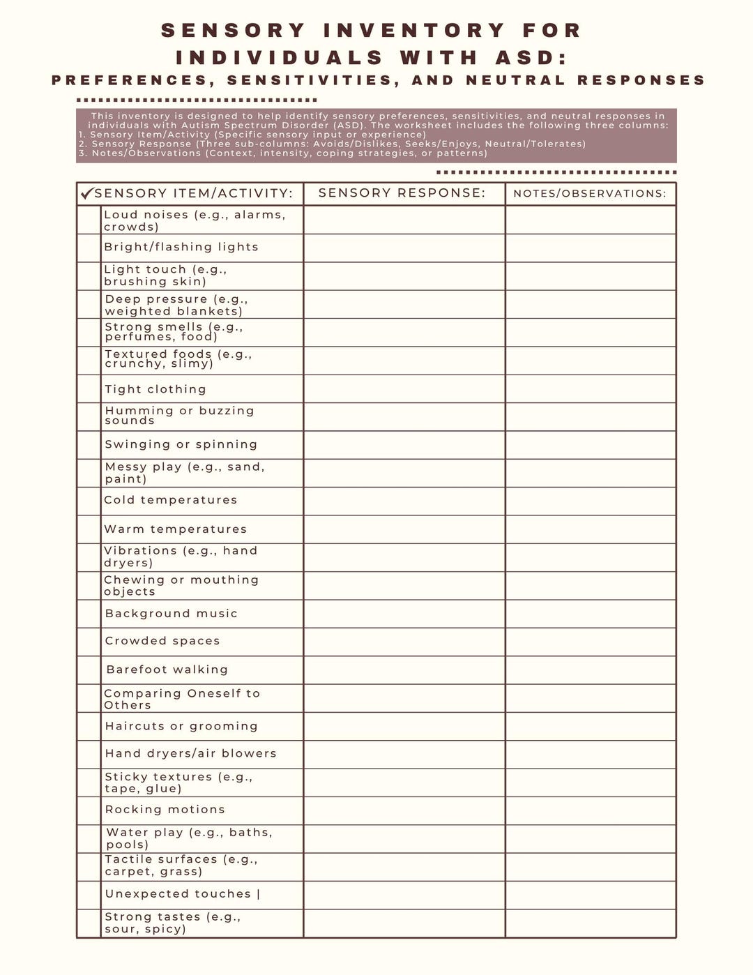 Sensory Inventory for Individuals With ASD; Sensory Inventory; Autism ...