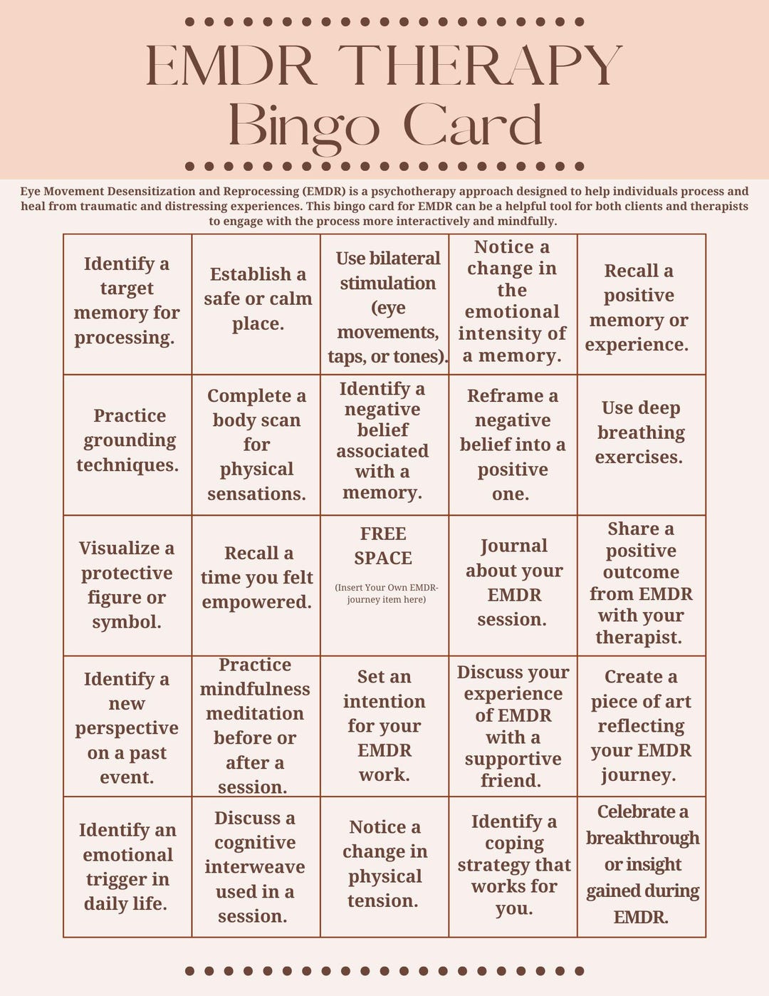 EMDR Therapy Bingo Card; EMDR Resources; EMDR Therapist; Eye Movement ...