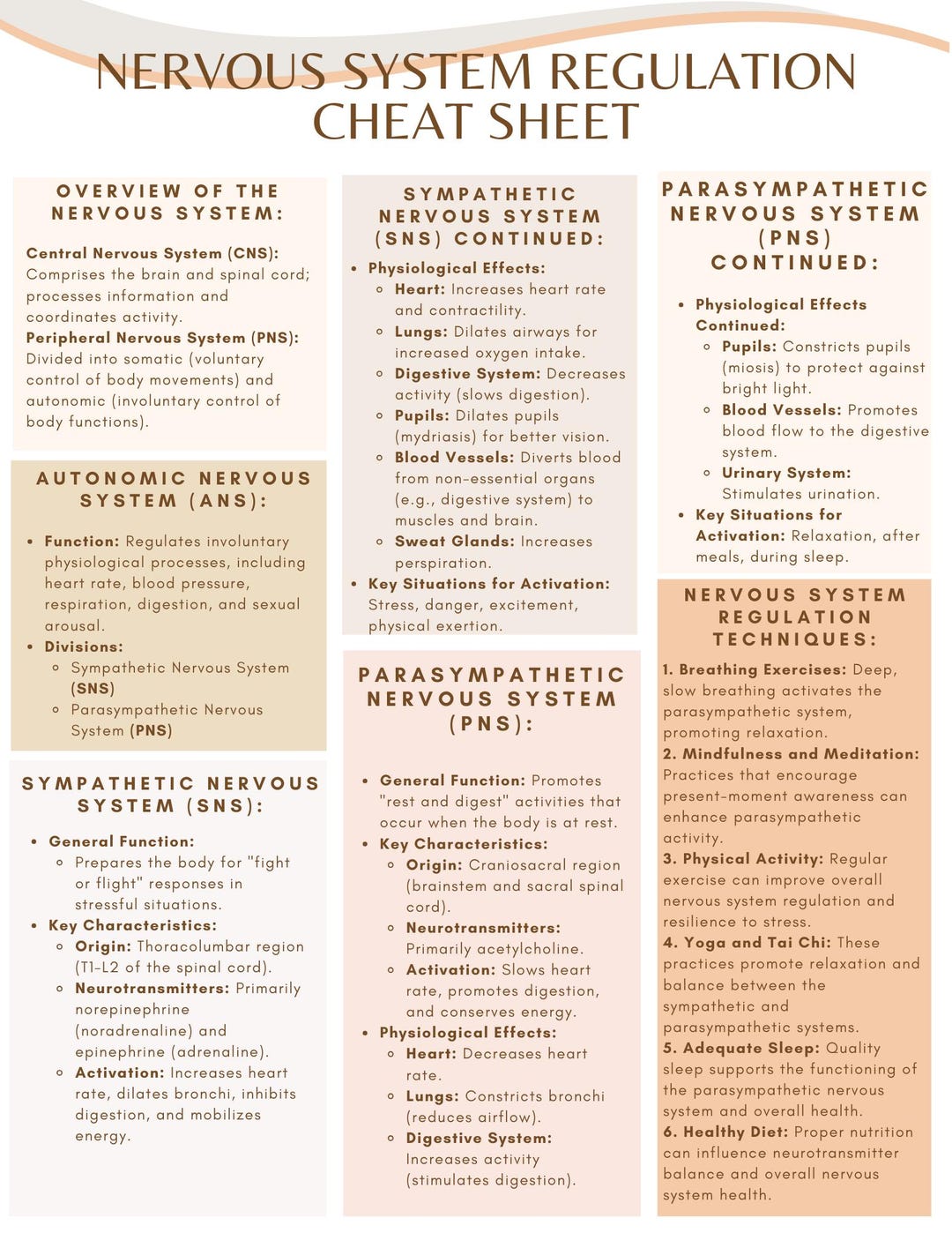 Nervous System Regulation Cheat Sheet: Sympathetic & Parasympathetic ...