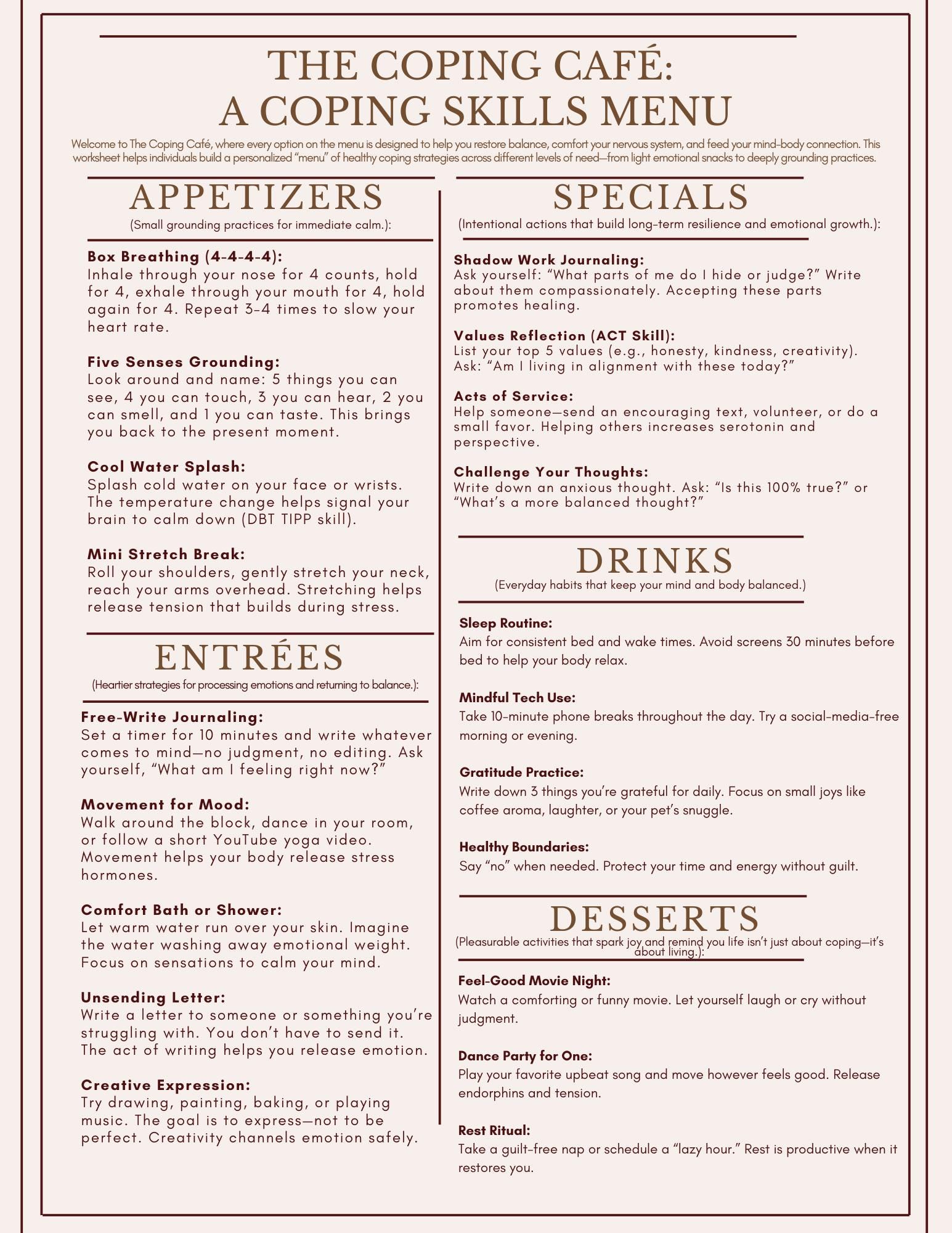 The Coping Café: A Coping Skills Menu - Etsy