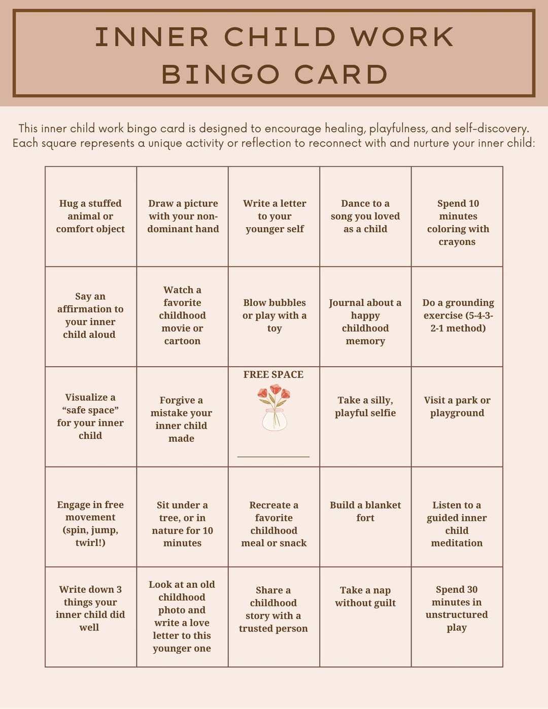 Inner Child Work Bingo Card; Inner Child Healing; Recovery for Your ...