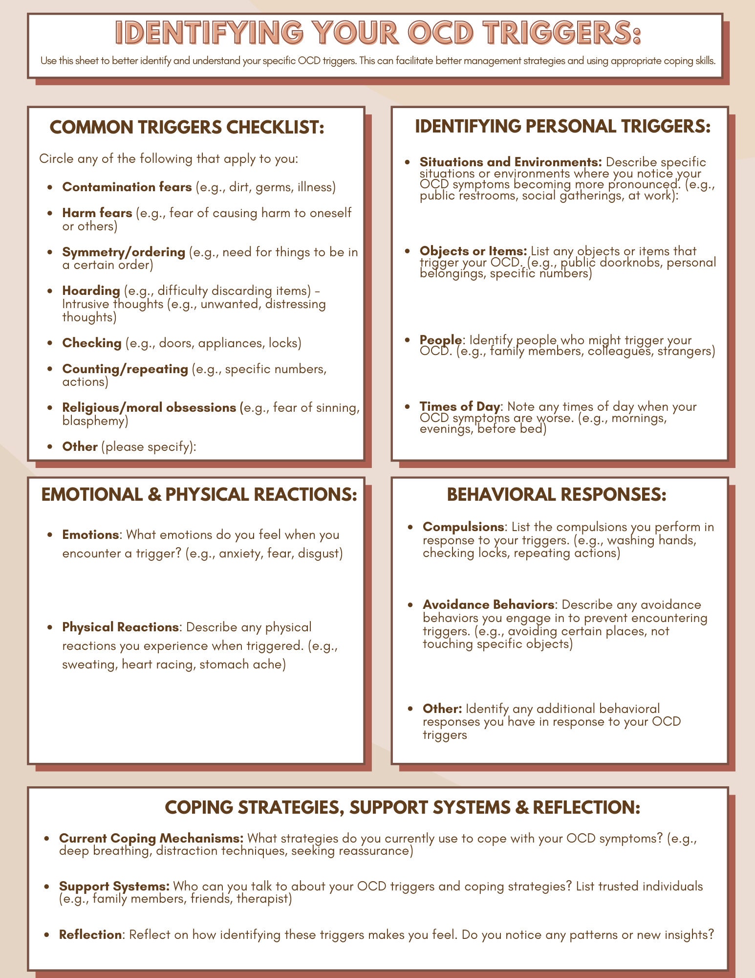 Identifying Your OCD Triggers Obsessive Compulsive Disorder Worksheet Getting to Know Your ...