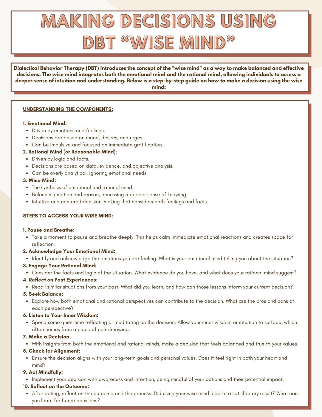 DBT Wise Mind Worksheet: Decision Making, Therapy Resource (digital Download) - Etsy