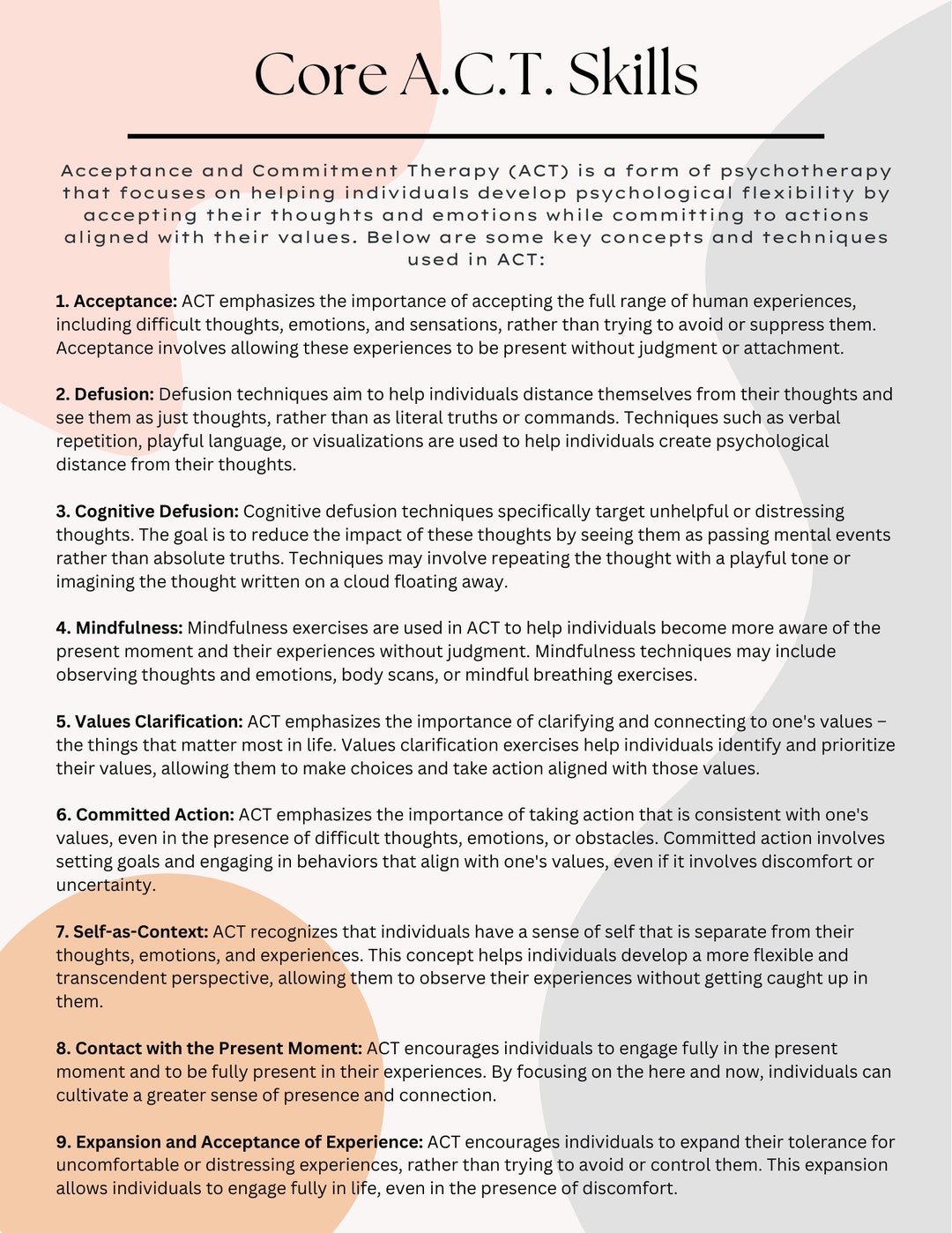 Core ACT Skills; Acceptance and Commitment Therapy; ACT Techniques; Acceptance and Commitment ...
