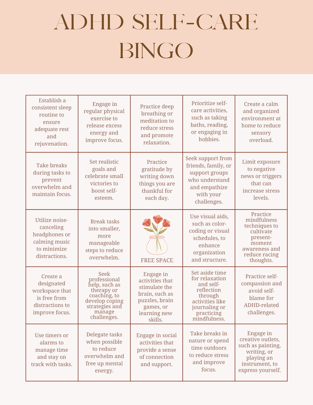 ADHD Self-care Bingo; Self-care for Attention Deficit Hyperactivity ...
