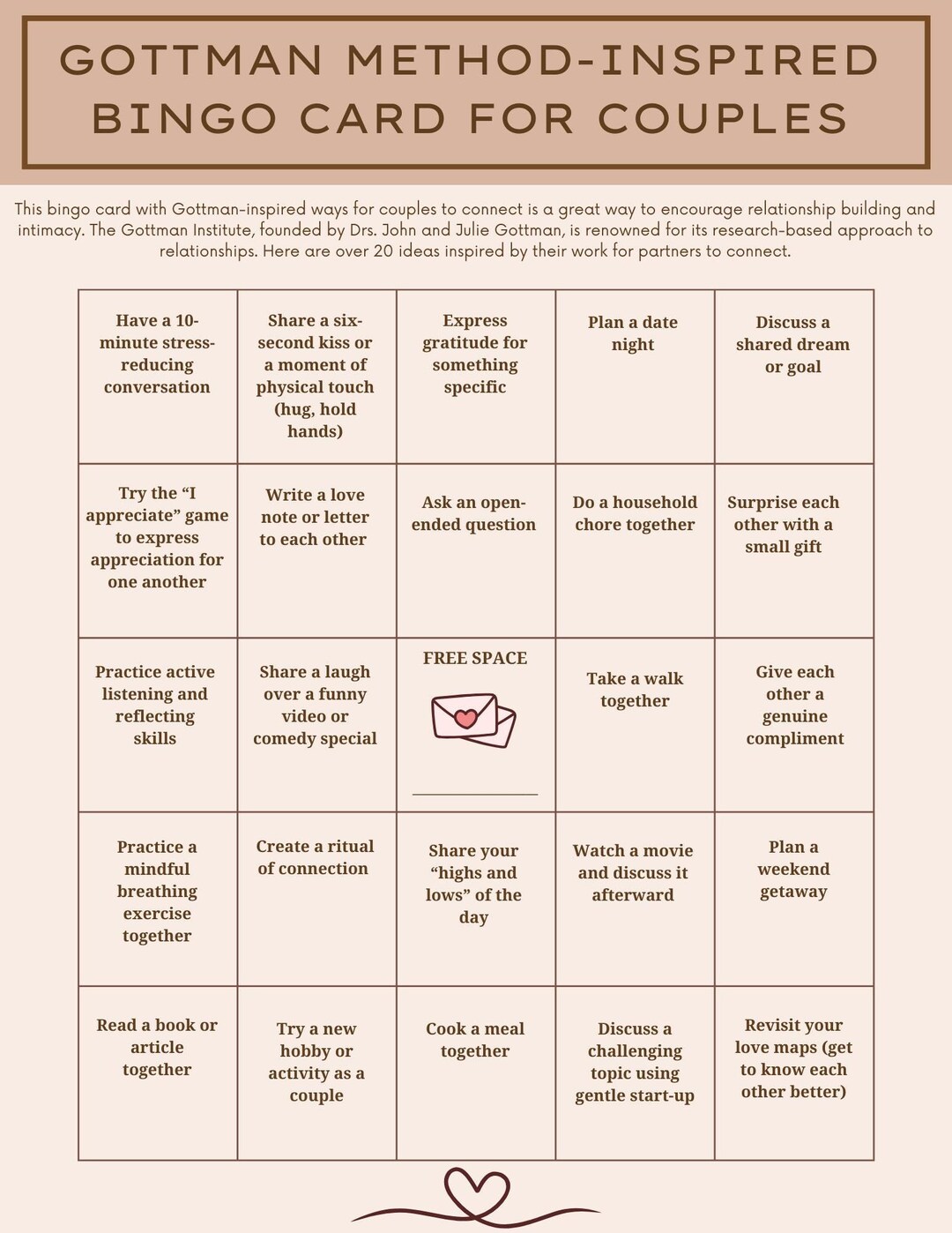 Gottman Method-inspired Bingo Card for Couples; Gottman Method Therapy ...