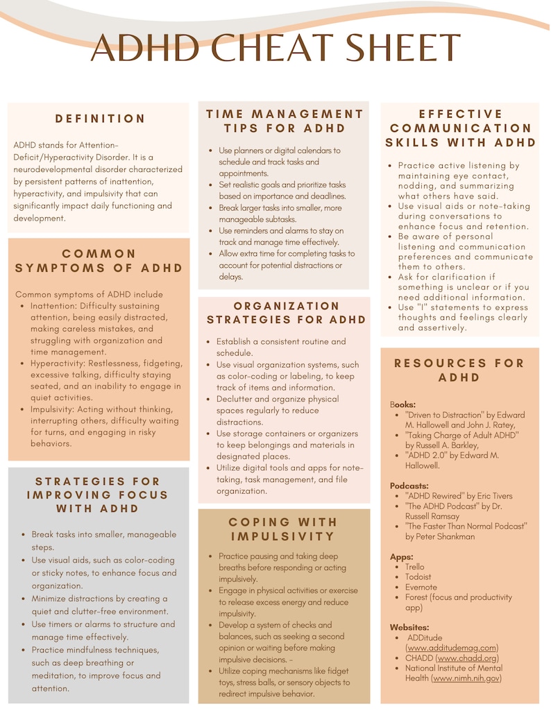 Adhd Cheat Sheet Attention Deficit Hyperactivity Disorder Resources