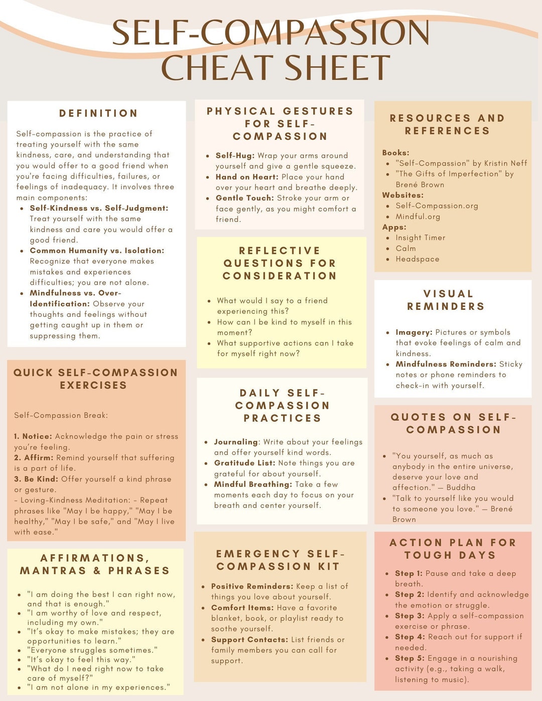 Self-compassion Cheat Sheet; Self-compassion; Practicing Self-compassion; Therapy Worksheets on ...