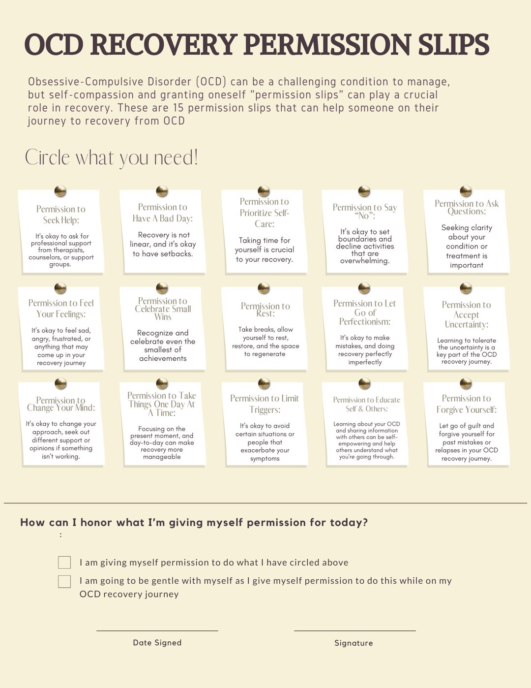 OCD Recovery Permission Slips; Obsessive Compulsive Disorder Recovery ...