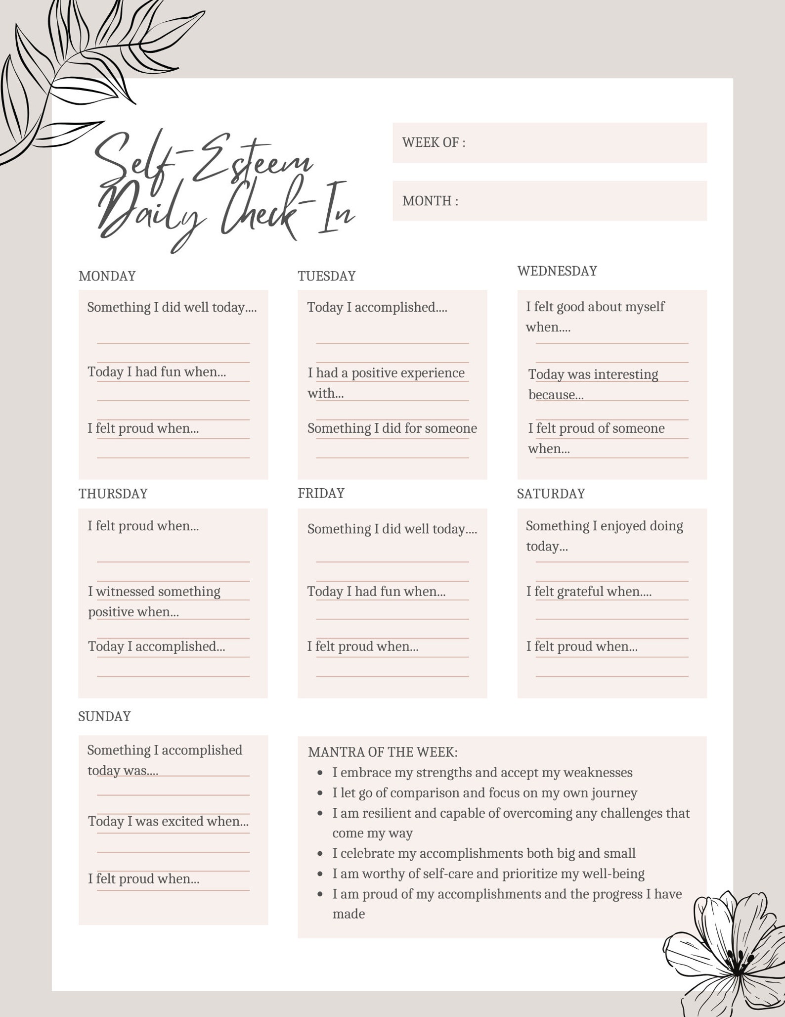 Self-esteem Daily Check-in - Etsy