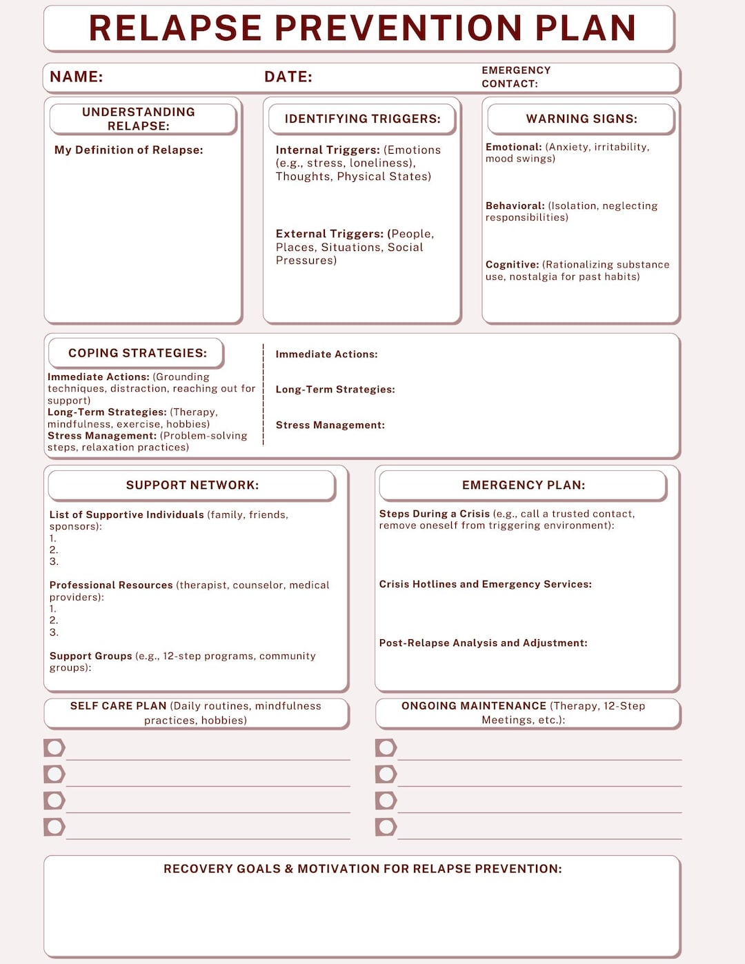 Relapse Prevention Plan Worksheet: Addiction Recovery Resources - Etsy