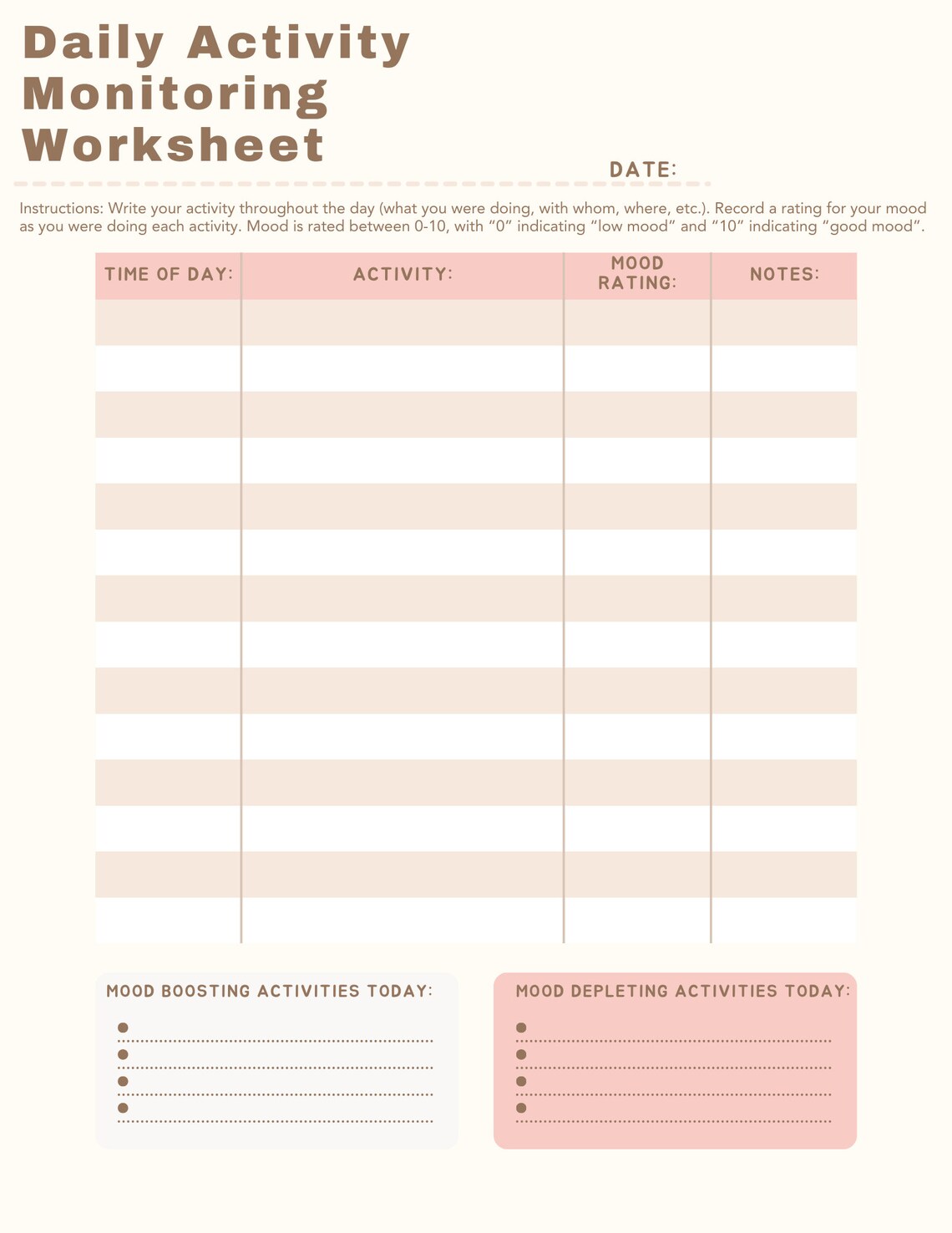Daily Activity Monitoring Worksheet for Depression Activity Log ...