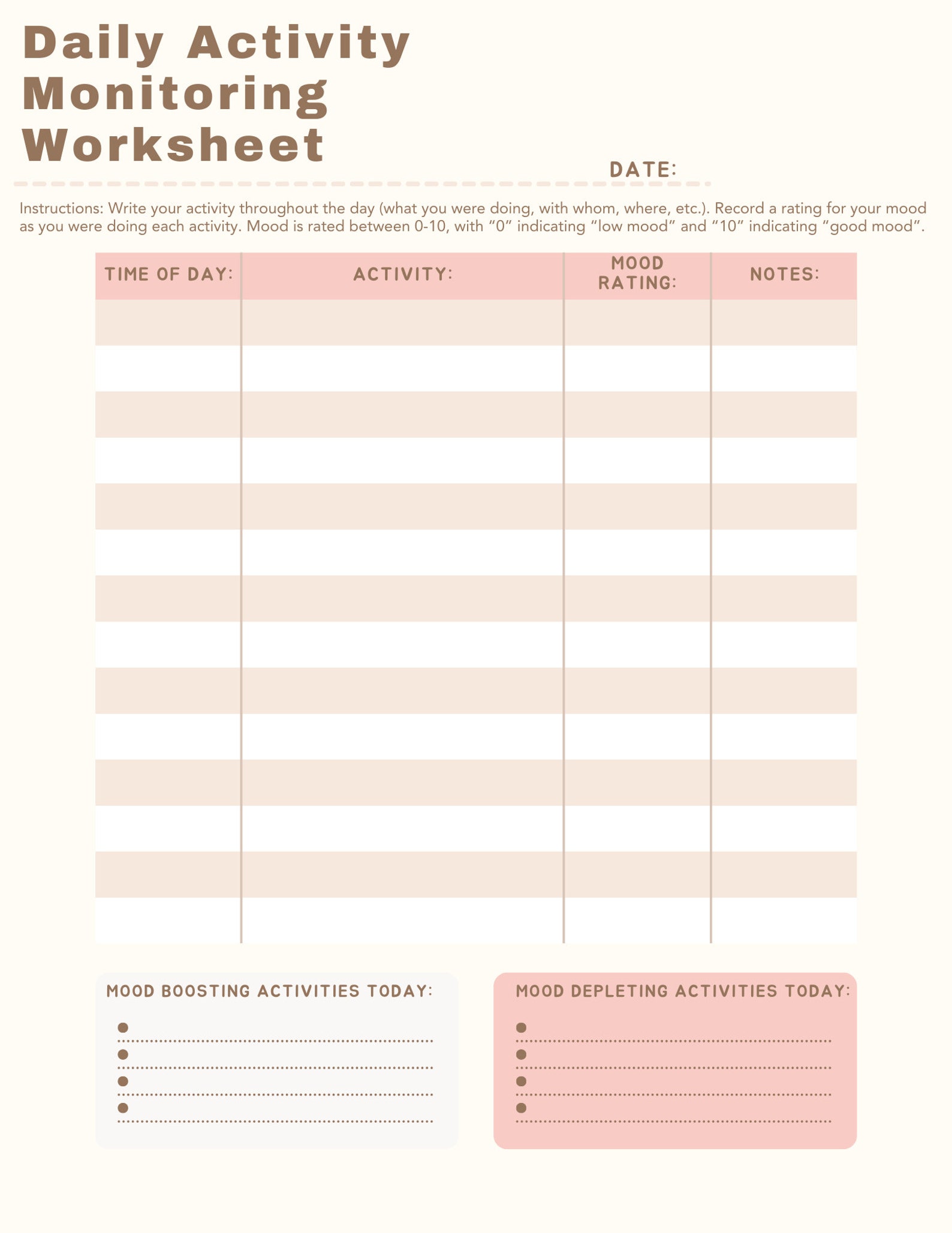 Daily Activity Monitoring Worksheet for Depression; Activity Log ...