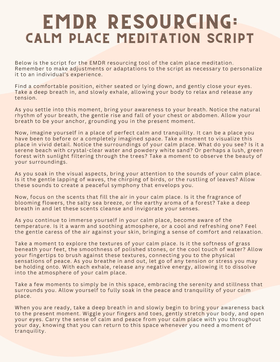 EMDR Resourcing Calm Place Meditation Script Eye Movement ...