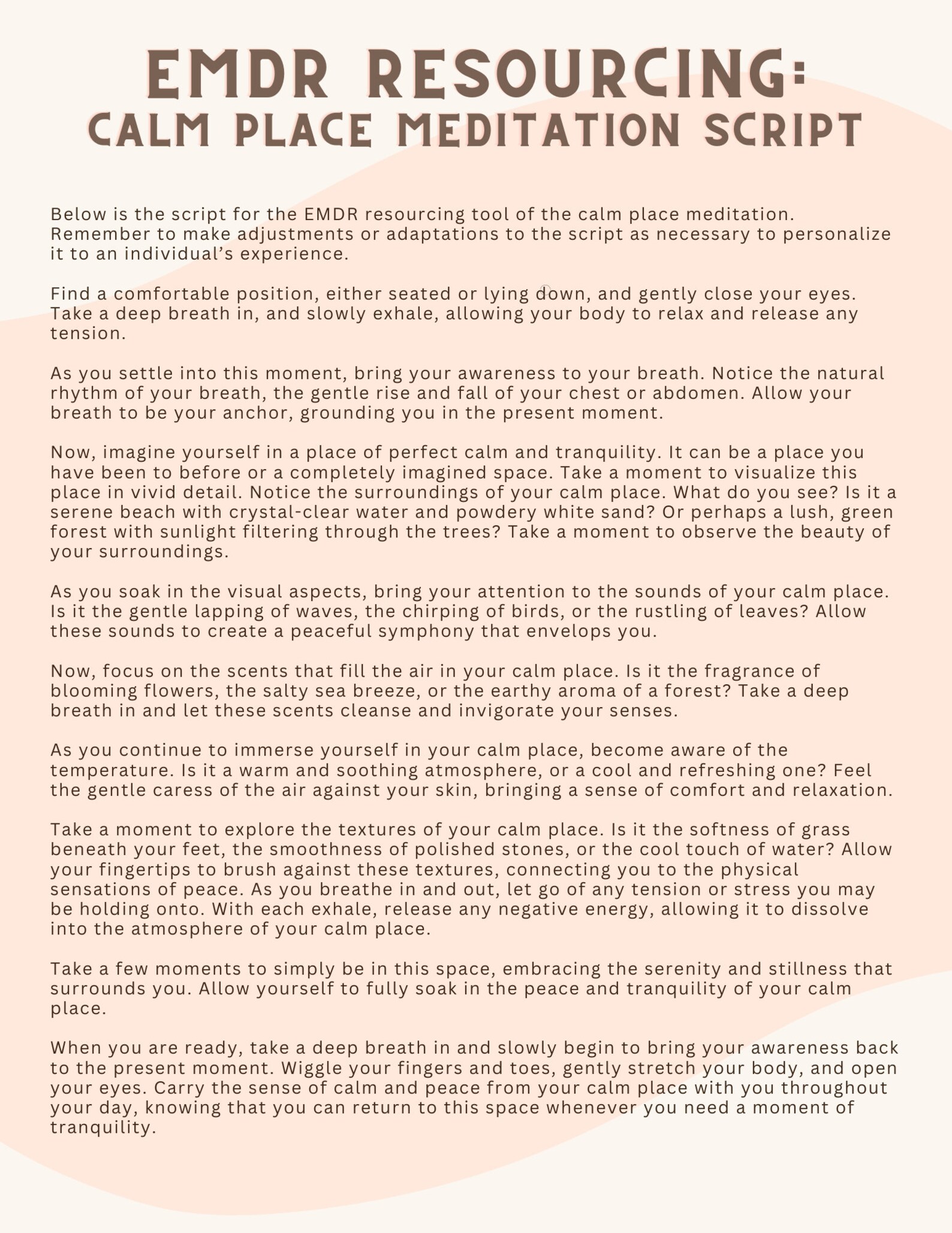 EMDR Resourcing Calm Place Meditation Script Eye Movement ...