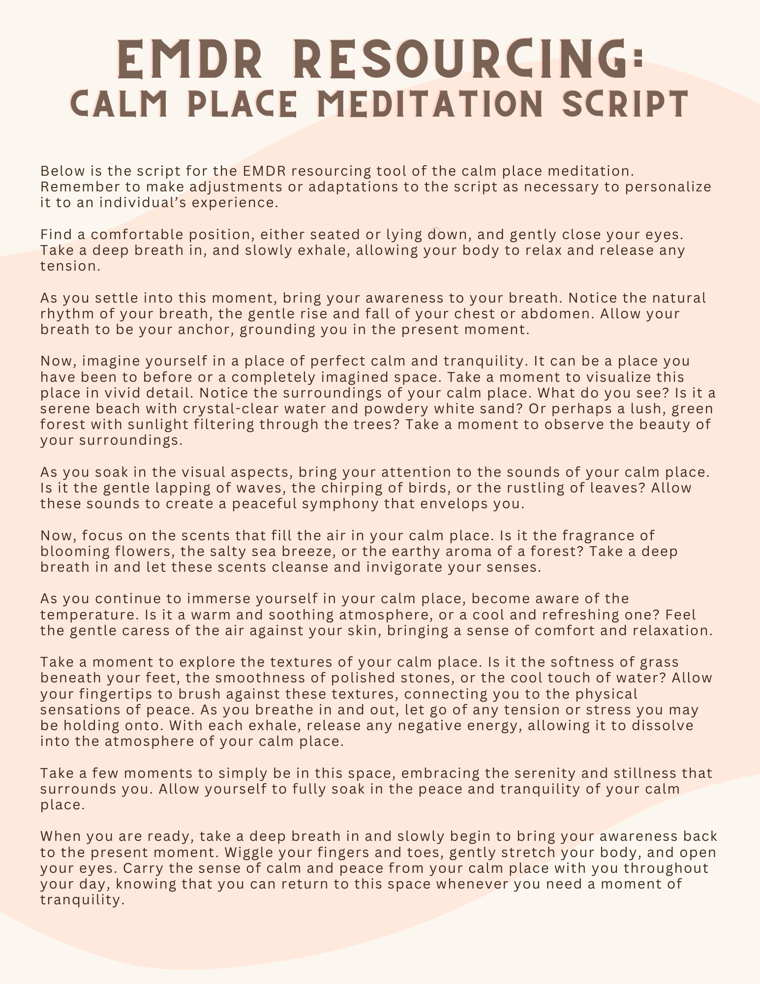 EMDR Resourcing Calm Place Meditation Script Eye Movement ...