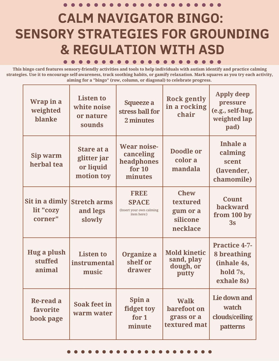 Autism Calming Strategies Bingo: Sensory Grounding Game for ASD - Etsy