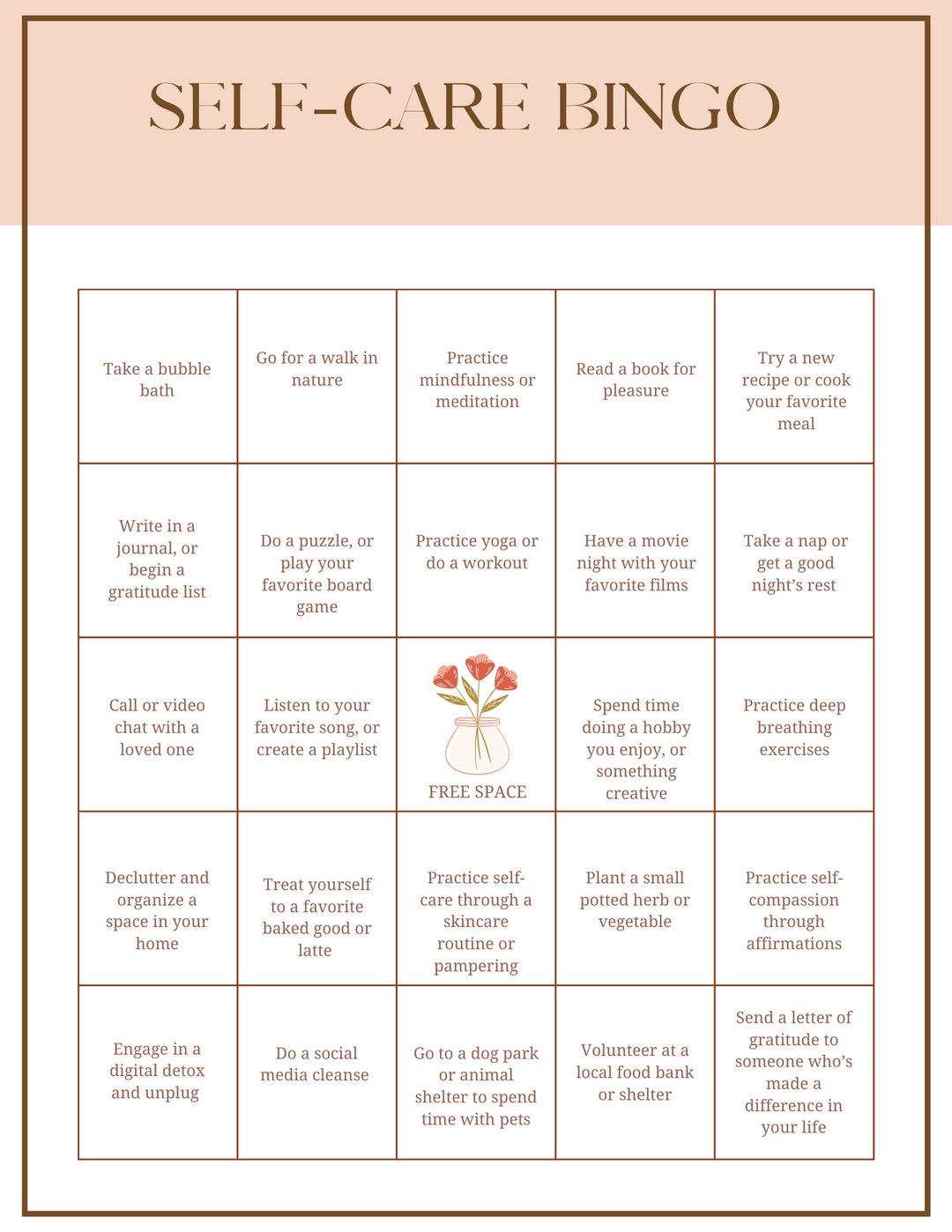 Self-care Bingo Card - Etsy