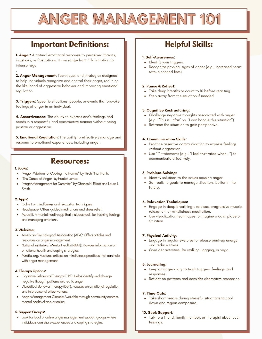Anger Management 101 Worksheet: Skills & Resources - Etsy