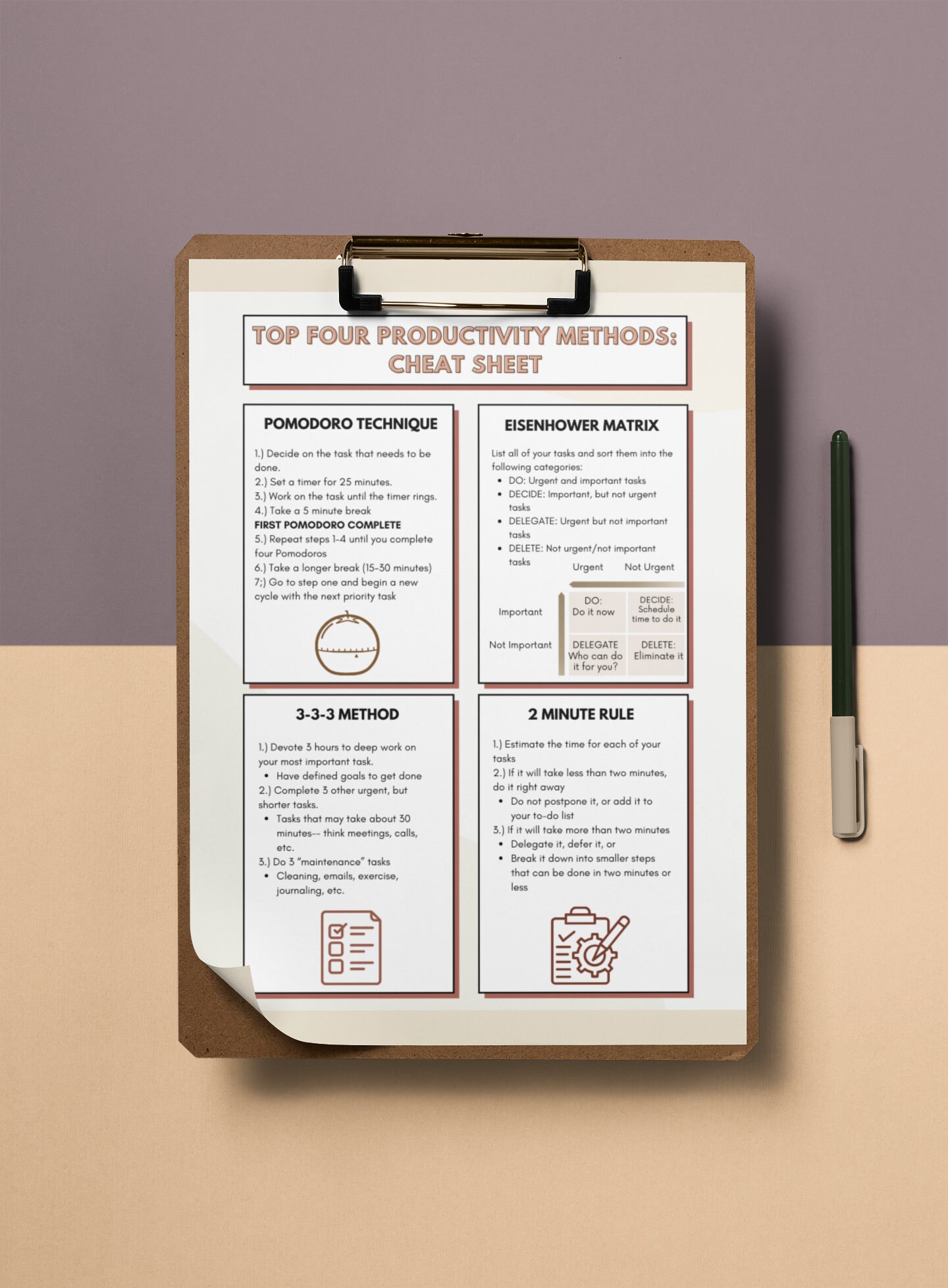 Productivity Methods Cheat Sheet - Etsy