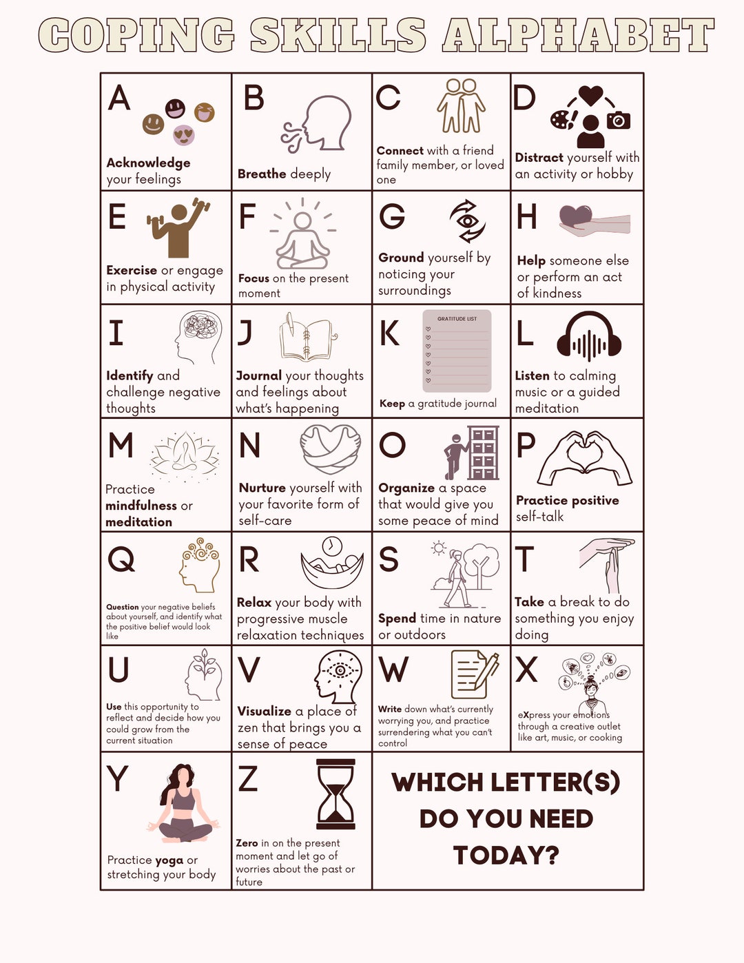 Coping Skills Alphabet; Therapy Worksheets; Coping Skill Building; - Etsy