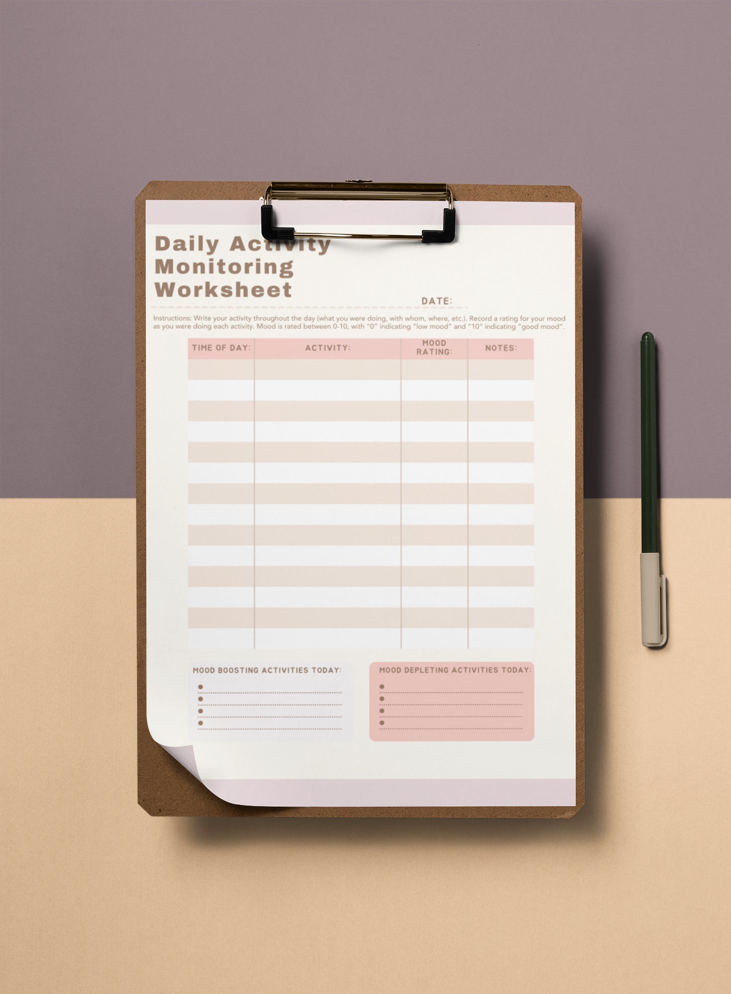 Daily Activity Monitoring Worksheet for Depression Activity Log ...