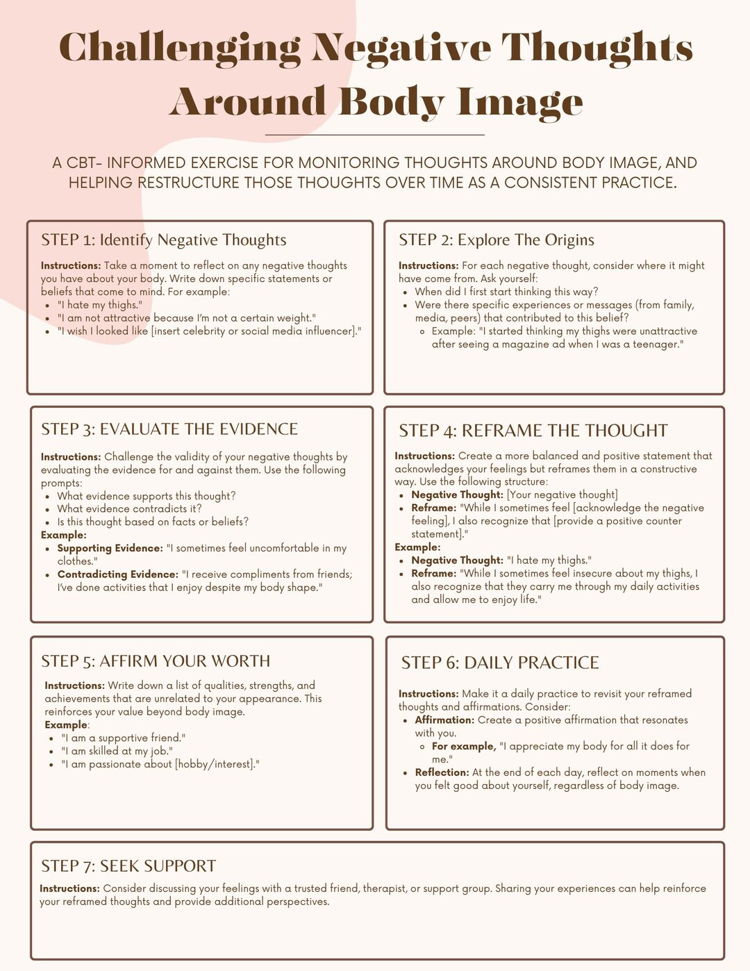 Body Image Worksheet: Challenging Negative Thoughts (cbt-informed) - Etsy