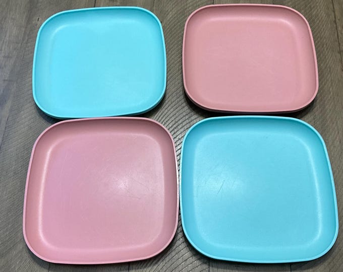 Tupperware 8” Square Luncheon Plates Turquoise Pink Mauve Set of 4 1534 ...