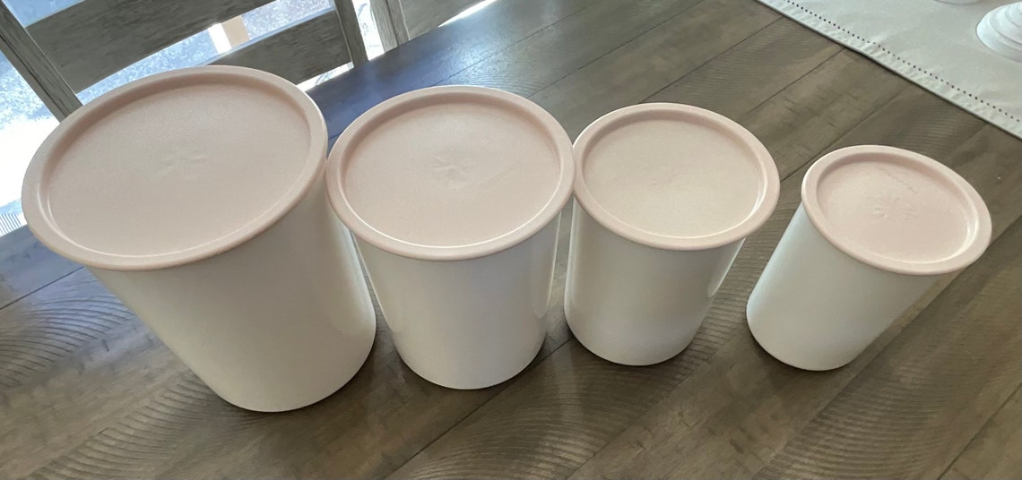 Tupperware Canister Set White Ivory Rose Light Pink One Touch Set of 4 ...