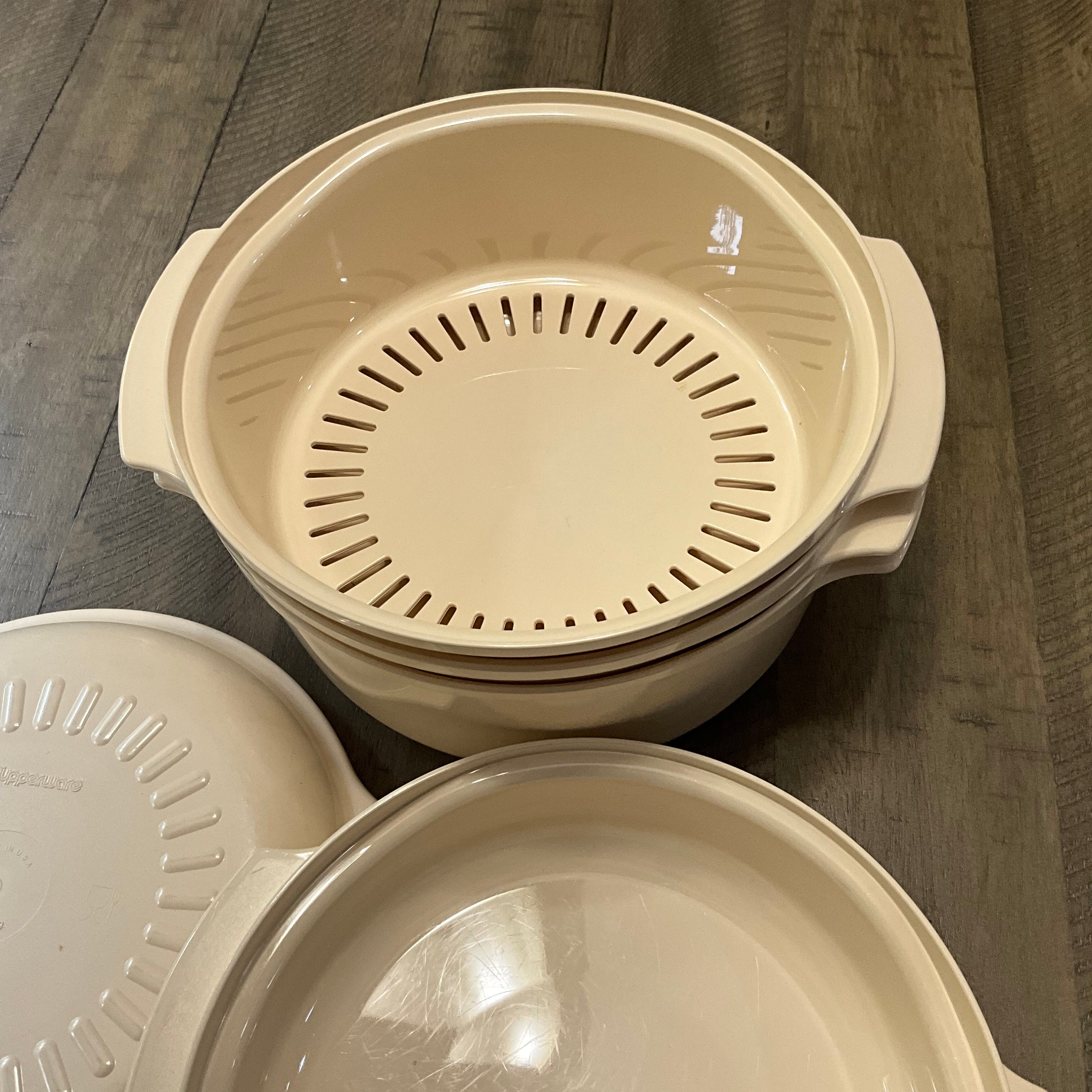 Vintage Tupperware Tupperwave Stack Cooker Microwave Almond Set of 5 8 ...
