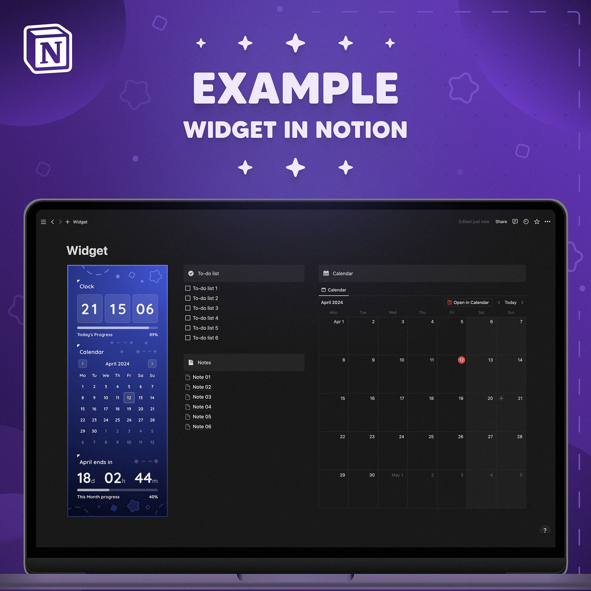 Notion Widget Clock Widget Calendar Widget Monthly Counter Widget Widgets For Notion